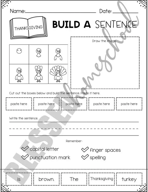 Thanksgiving Build a Sentence Worksheets for Kids