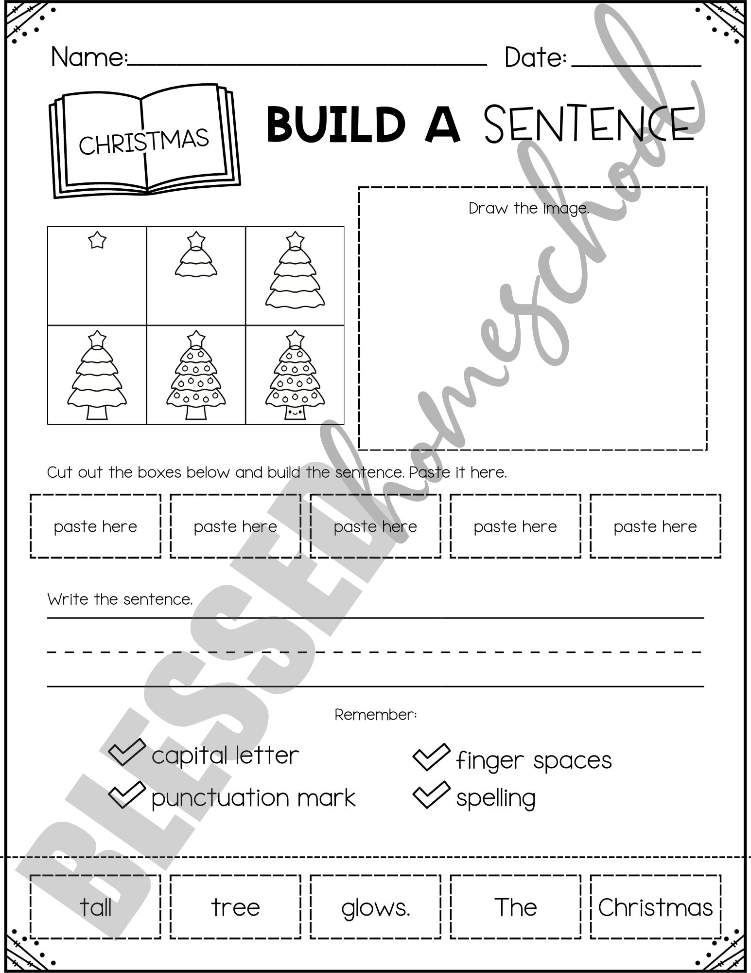 Christmas Build a Sentence Worksheets for Kids