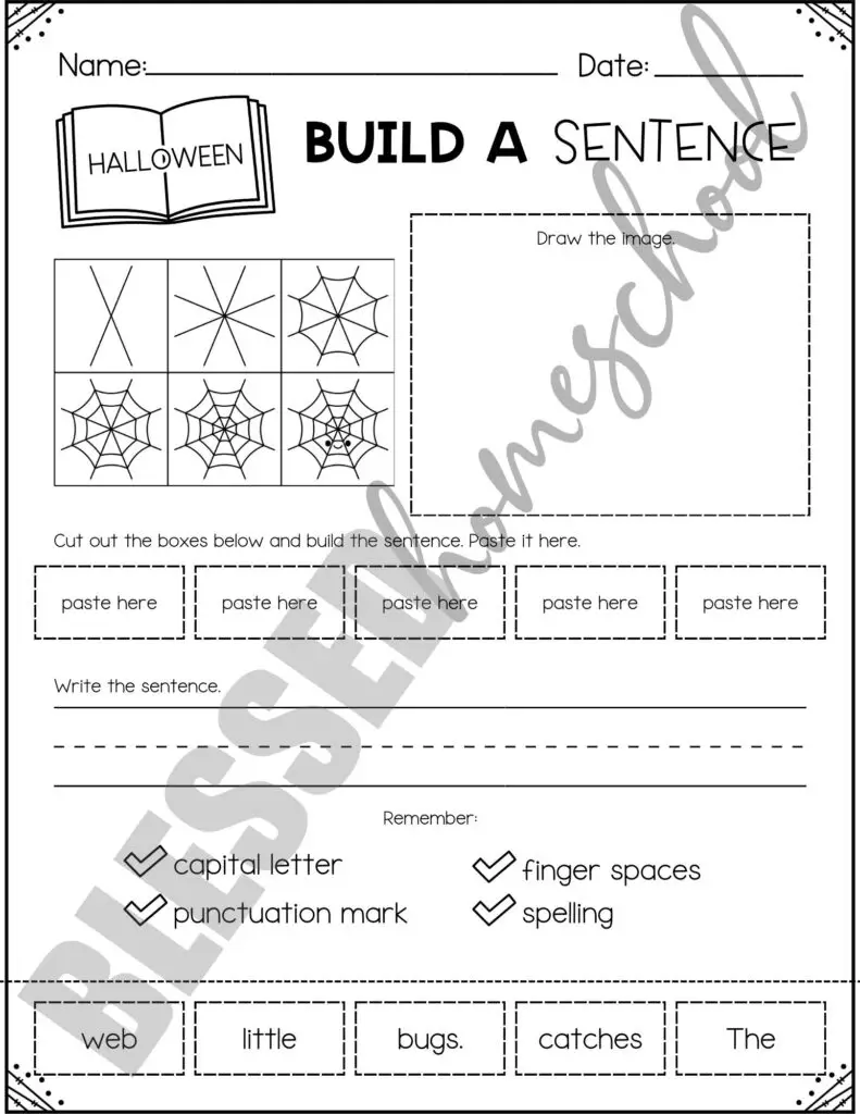 Halloween Build a Sentence Worksheets for Kids