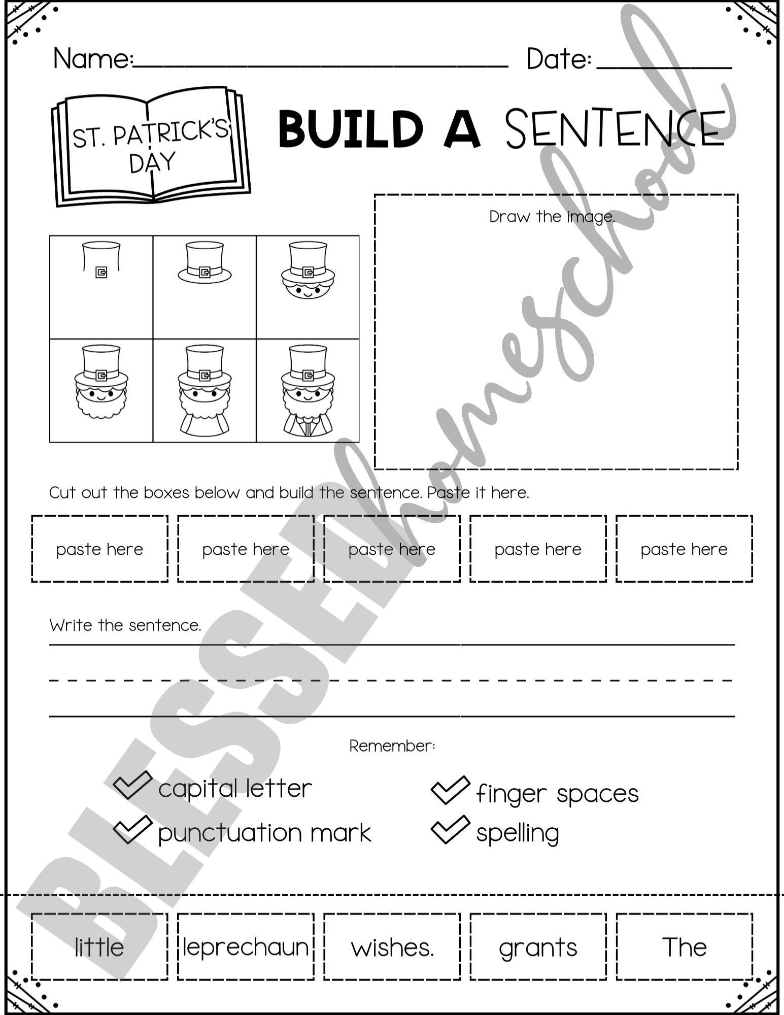 St. Patrick's Day Build a Sentence Worksheets for Kids