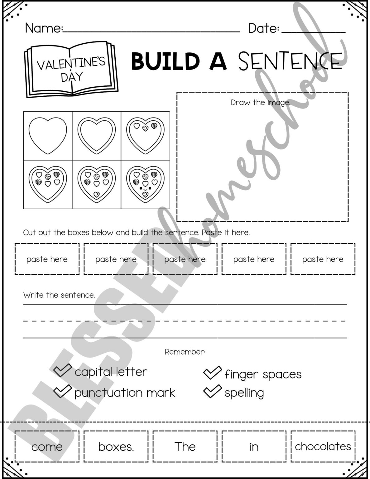 Valentine's Day Build a Sentence Worksheets for Kids
