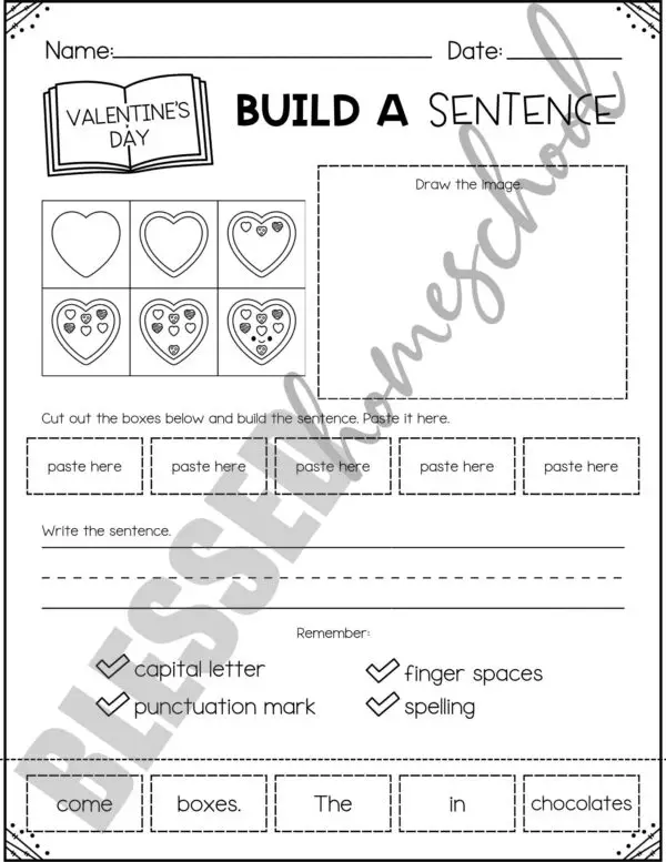 Valentine's Day Build a Sentence Worksheets for Kids